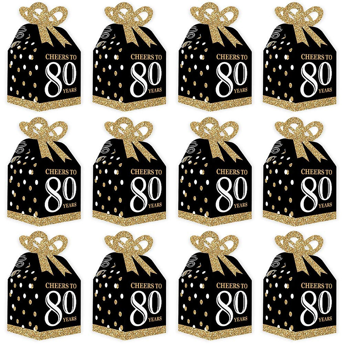 Big Dot of Happiness Adult 80th Birthday - Gold - Square Favor Gift Boxes - Birthday Party Bow Boxes - Set of 12