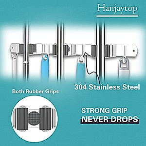 Hanjaytop Mop and Broom Organizer Wall Mounted, Stainless Steel Heavy Duty Garden and Kitchen Garage Tool Organizer Wall Holder for Home Goods (3 Racks 4 Hooks)