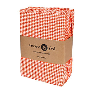 Native Fab Houndstooth Vintage Cloth Dinner Napkins Set of 12 Cotton 18x18 Soft Absorbent Restaurant Hotel Quality - Everyday Easy Care Washable Wedding Dinner Napkins Bulk - Orange