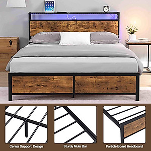 RIDFY Queen Bed Frame with LED Lights and 2 USB Ports, Industrial Platform Bed Frame with 2-Tier Storage Headboard, Heavy Duty Camas/Noise Free/No Box Spring Needed/Brown (86.6x60)