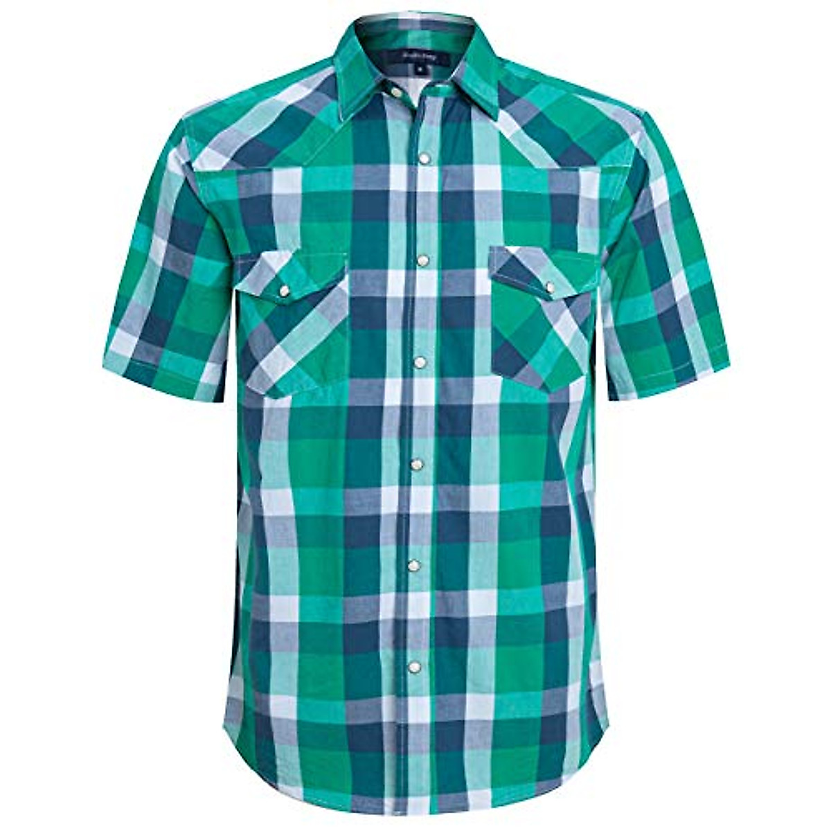 Mens Short Sleeve Western Shirts with Pearl Snap Button Up Casual Regular Fit Plaid Shirts (Green and White-05D,Large)