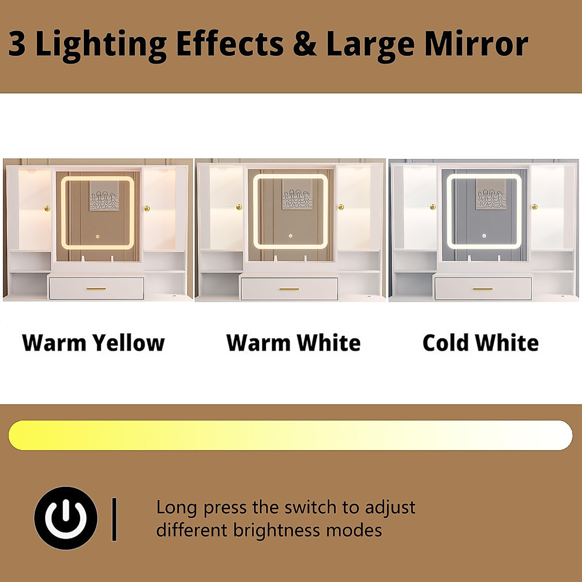 BORNOON Makeup Vanity with LED Light Strip Mirror and Chair, 7 Drawers & 2 RGB Cabinets White Vanity Makeup Desk with Power Strip, Adjustable LED Lighting, and Cushioned Stool for Women, Girls, Teens