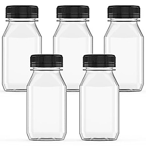 Hulless 5 Pcs 8 Ounce Plastic Juice Bottle Drink Containers Juicing Bottles with Black Lids, Suitable for Juice, Smoothies, Milk and Homemade Beverages, 250 mL