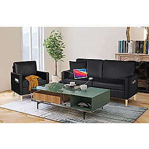 TYBOATLE Modern Faux Leather Living Room Furniture Sectional Sofa Sets 2 Pieces, Loveseat Couch w/ 2 USB Charging Ports and Comfy Accent Arm Chair for Small Space, Apartment, Office, Studio (Black)