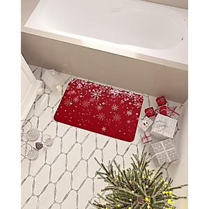 Christmas Bath Rugs White Snowflake Sponge Doormat Absorbent Non Slip Backing Durable Soft Flannel Mat Red Christmas Memory Foam Mats Carpet for Bathroom Kitchen, 18 x 30 inch