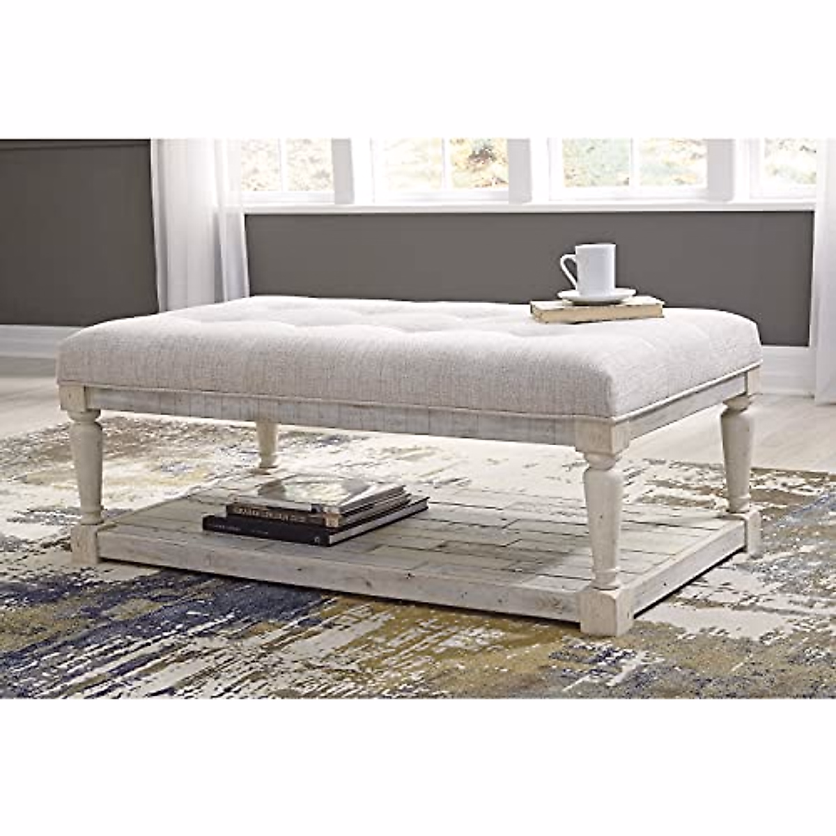 Signature Design by Ashley Shawnalore Farmhouse Upholstered Solid Wood Ottoman Coffee Table, Whitewash