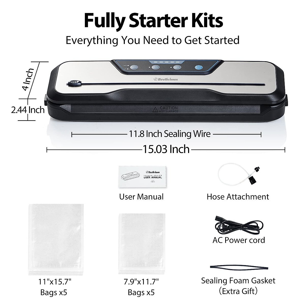 Vacuum Sealer Machine with Starter Kit, Beelicious 8-In-1 Powerful Food Vacuum Sealer, with Pulse Function, Moist&Dry Mode and External VAC for Jars and Containers | Build-in Cutter | LED Indicator | Quiet Operation | Easy to Clean | Slim Compact design |