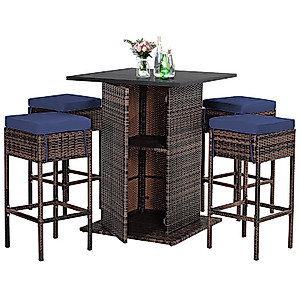 Tangkula 5 Piece Outdoor Rattan Bar Set, Patio Bar Furniture with 4 Cushions Stools and Smooth Top Table with Hidden Storage Shelf, Outdoor Conversation Set for Poolside, Backyard, Lawn (Navy Blue)