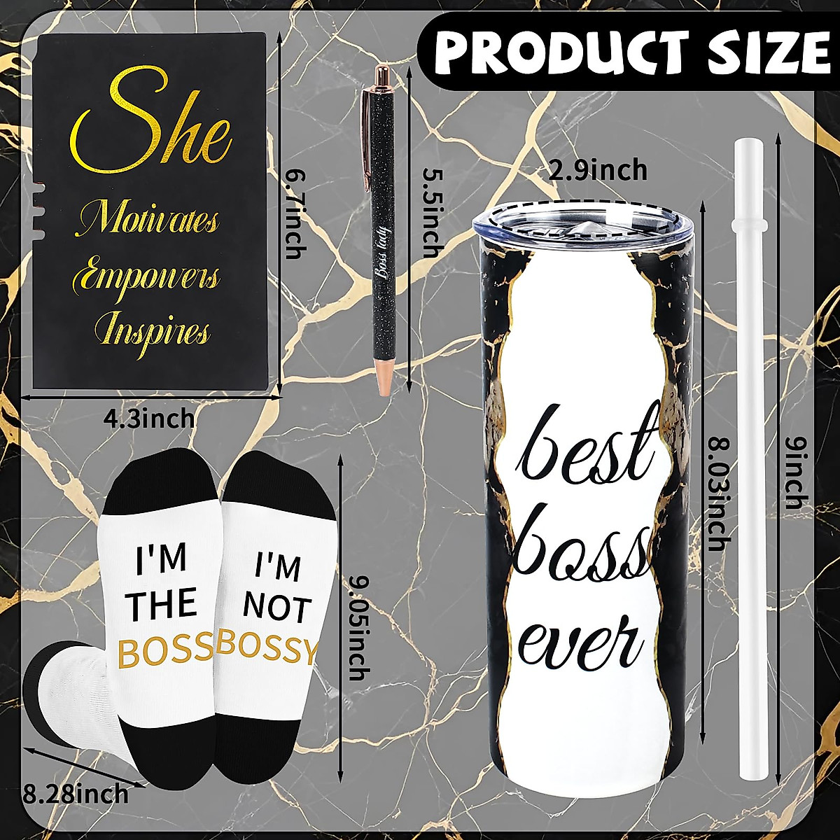 4 PCS Best Boss Lady Gifts Thank You Gifts for Women Includes 20 Oz Black Marble Tumbler Cotton Socks A6 Notepad with Ballpoints, Appreciation Day Boss Day Office Leader Christmas Gift