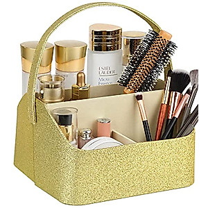 HofferRuffer Faux Leather Cosmetics Organiser, 5-Compartment Makeup Caddy Holder, Portable Organizer Caddy Tote Divided Basket Bin, Dressing Table Organiser for Skincare, Perfume and Make Up (Gold)