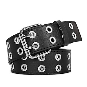 XZQTIVE Double Grommet PU Leather Belt for Women/Men Punk metal Jean Belt Wide 1.5 Inch, Black, Fit Pants 22-35 inch