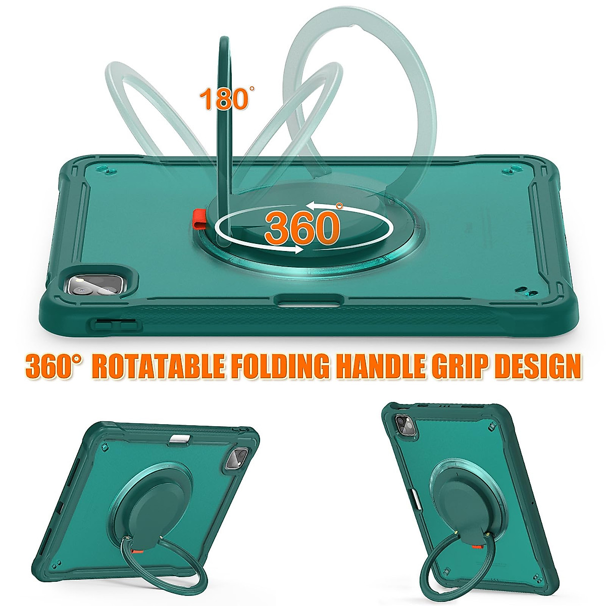 SLLMYYX Case for iPad Pro 11 inch 2022/2021/2020/iPad Air 5th/4th, 360 Rotating Hand Grip Kickstand Heavy Duty Protective Cover with Shoulder Strap (Midnight Green)