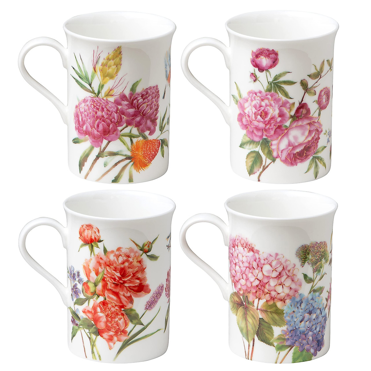 Grace Teaware Bone China Coffee Tea Mugs 9-Ounce, Assorted Set of 4 (Beautiful Garden)