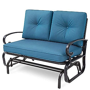 Crownland Outdoor Patio Glider Chair Porch Furniture Loveseat Seating, Wrought Iron Look Rocking Bench for Outside with Cushion(Peacock Blue)