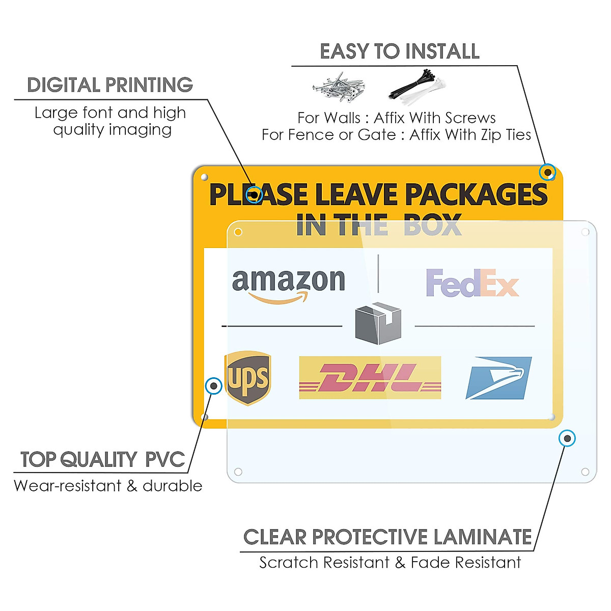 Package Delivery Sign Delivery Instructions Sign 2 Pack Leave Packages in The Box Sign,Two For One : 1 Pcs Super Tough PVC+1 Pcs Self Adhesive Vinyl, Rust-Free, Weather-Proof