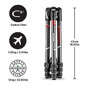 Manfrotto Befree GT 4-Section Carbon Fiber Travel Tripod with 496 Center Ball Head, Twist Lock, Black