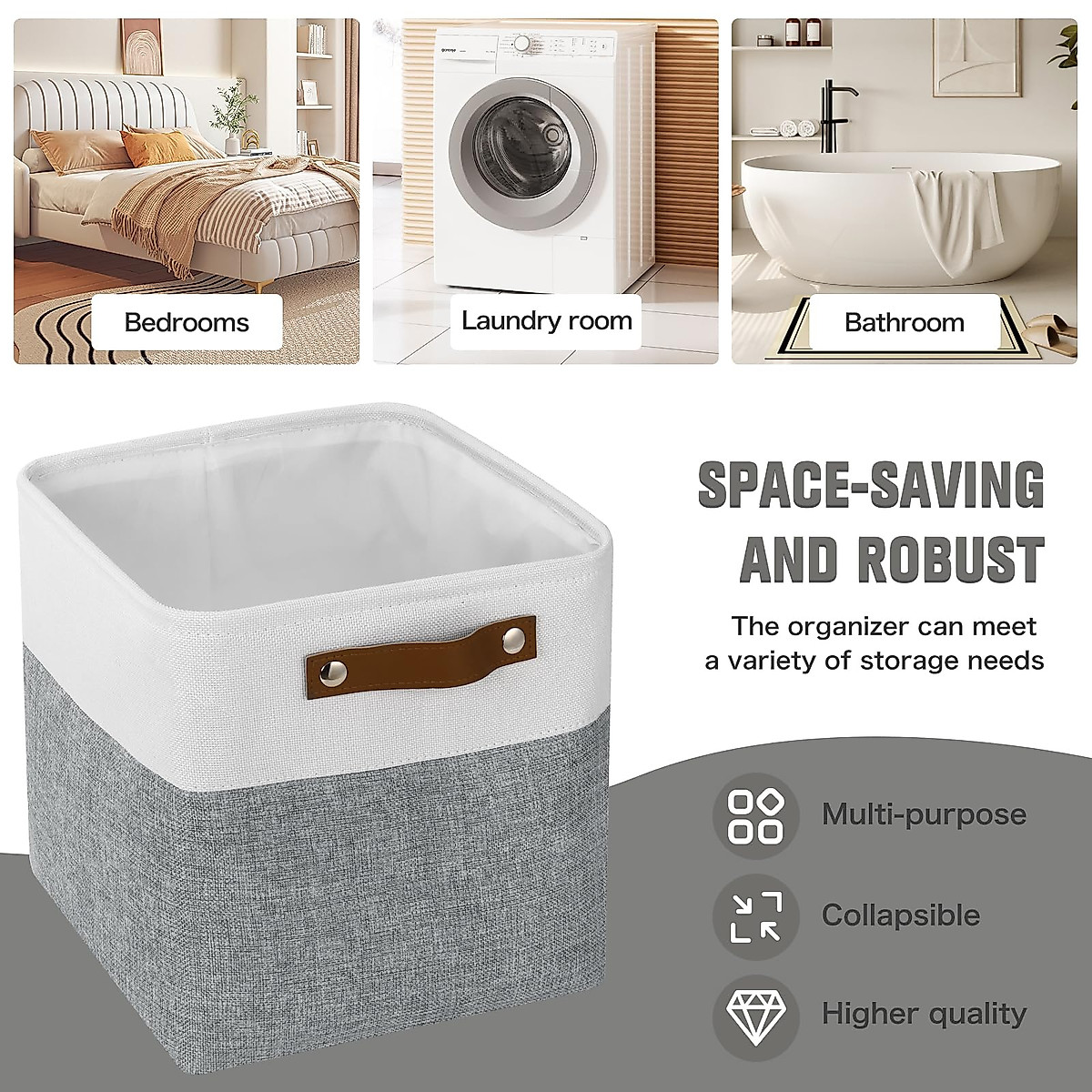 FinishingBo Cube Storage Baskets 6 Pack, 11x11 inch Foldable Cube Storage Bins with Leather Handles for Shelf Closet Nursery Toys (White/ Gray)