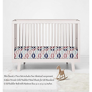 Bacati - 2 Pack Emma Aztec Kilim Printed Girls 100% Cotton Universal Baby US Standard Crib or Toddler Bed Fitted Sheets (Coral Mint Navy)