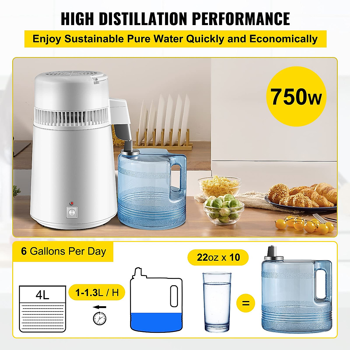 Mophorn Pure Water Distiller 750W, Purifier Filter Fully Upgraded with Handle 1.1 Gal /4L, BPA Free Container, Perfect for Home Use, White