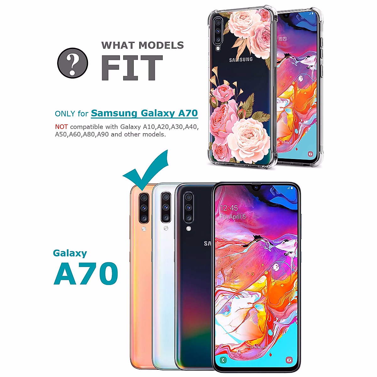 GREATRULY Floral Clear Case for Galaxy A70 for Women Girls,Pretty Phone Case for Samsung Galaxy A70 (2019),Flower Design Transparent Slim Soft Drop Proof TPU Bumper Cushion Silicone Cover Shell,FL-K