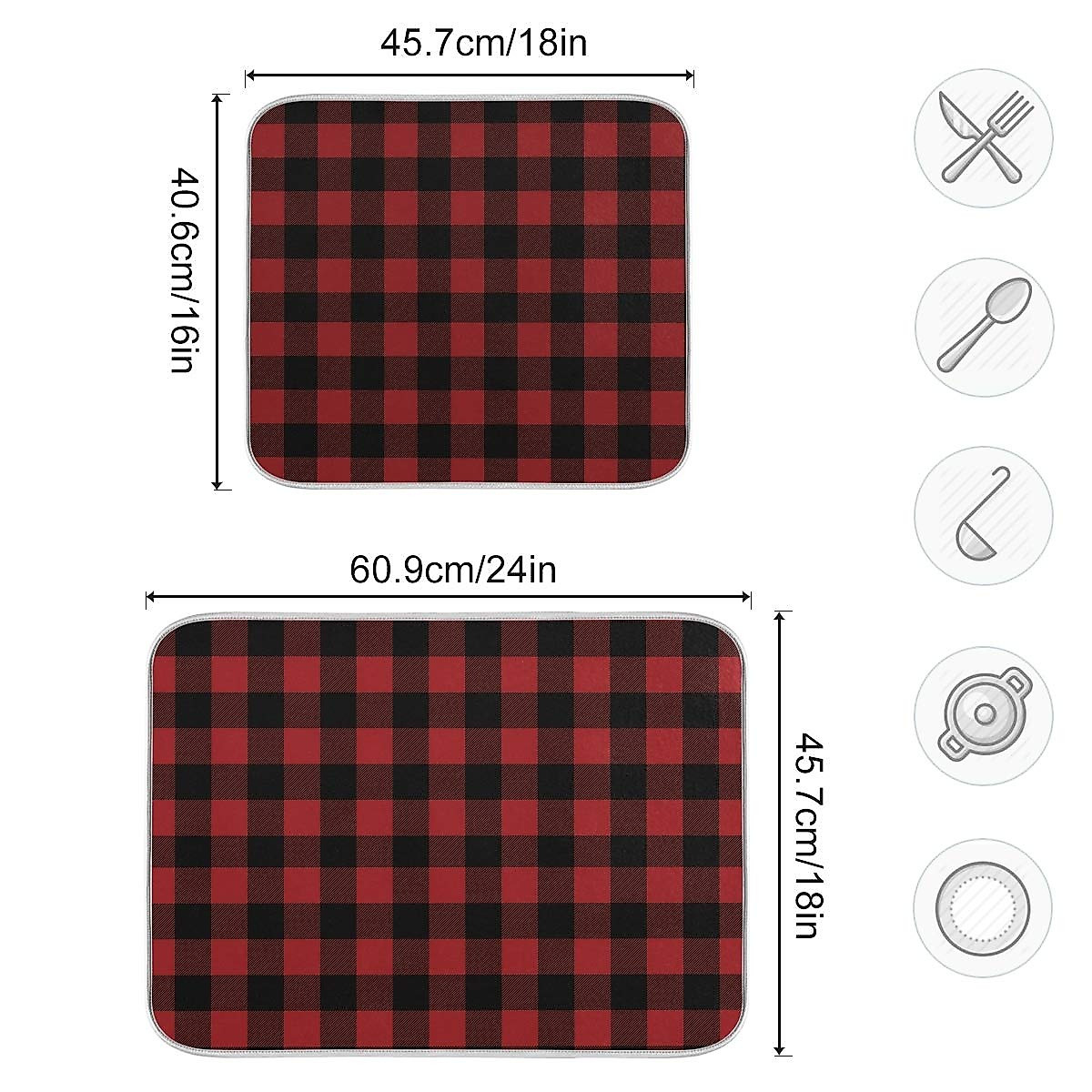 Red and Black Buffalo Plaid Dish Drying Mat 16x18 for Kitchen Merry Christmas Winter Xmas Dishes Pad Dish Drainer Rack Mats Absorbent Fast Dry Kitchen Accessories