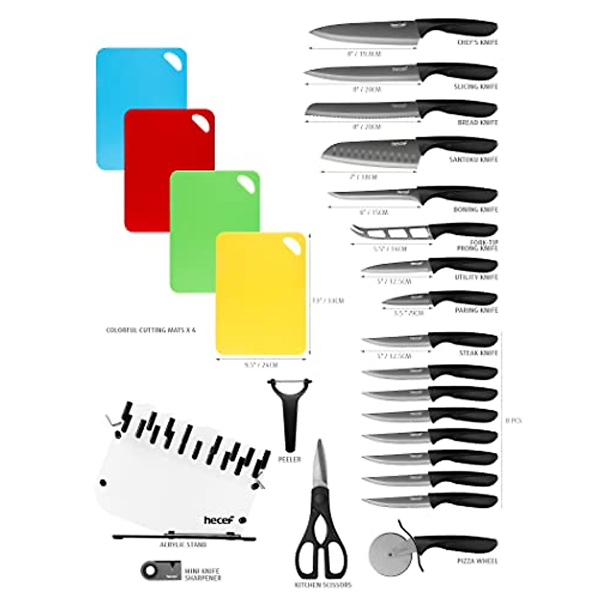hecef 25 pcs Kitchen Knife Set with Block - 8 Cooking Knives, 8 Serrated Steak Knives, 4 Cutting Mats, Pizza Wheel, Scissors, Peeler, Knife Sharpener & Acrylic Stand (Gray Titanium)