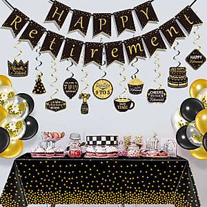 Retirement Party Decorations Set, Happy Retirement Banner Confetti Balloon Retirement Party Hanging Swirls Decorations Kit for Women Retirement Party Indoor Outdoor Supplies (Black and Gold)