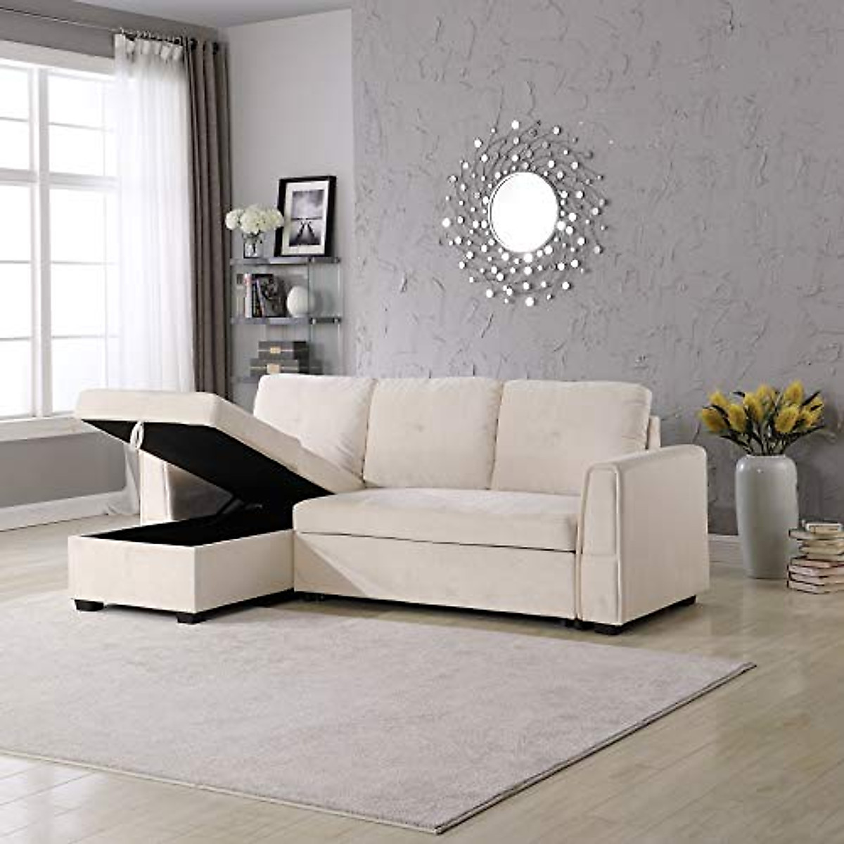 Legend Vansen 91''Velvet Sofa Chaise Storage Reversible L-Shape Sleeper Sectional,Sofabed,Seelper, Apt, Cream