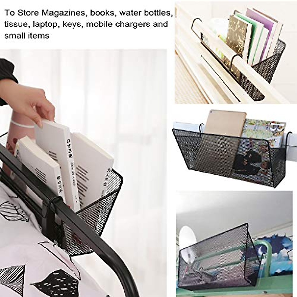 BTSKY Bedside Storage Basket, Dorm Room Bed Storage Basket Metal Mesh Desktop Corner Shelves Hanging Organizer Rack Shelf Bedside for Book Phones Drinks Tissues Office Home with Hook Black