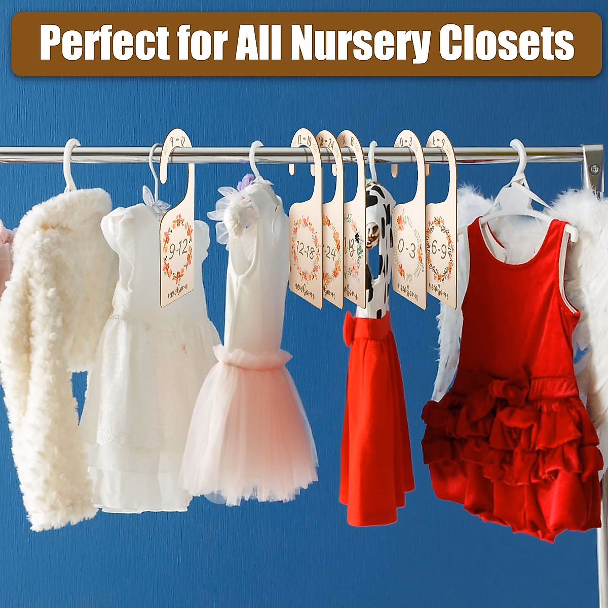 7pcs Baby Clothes Dividers for Closet, Beautiful Month Wooden Baby Closet Dividers Organizers from Newborn to 24 Months Nursery Closet Divider Hangers with Wreath Decoration for Infant Wardrobe