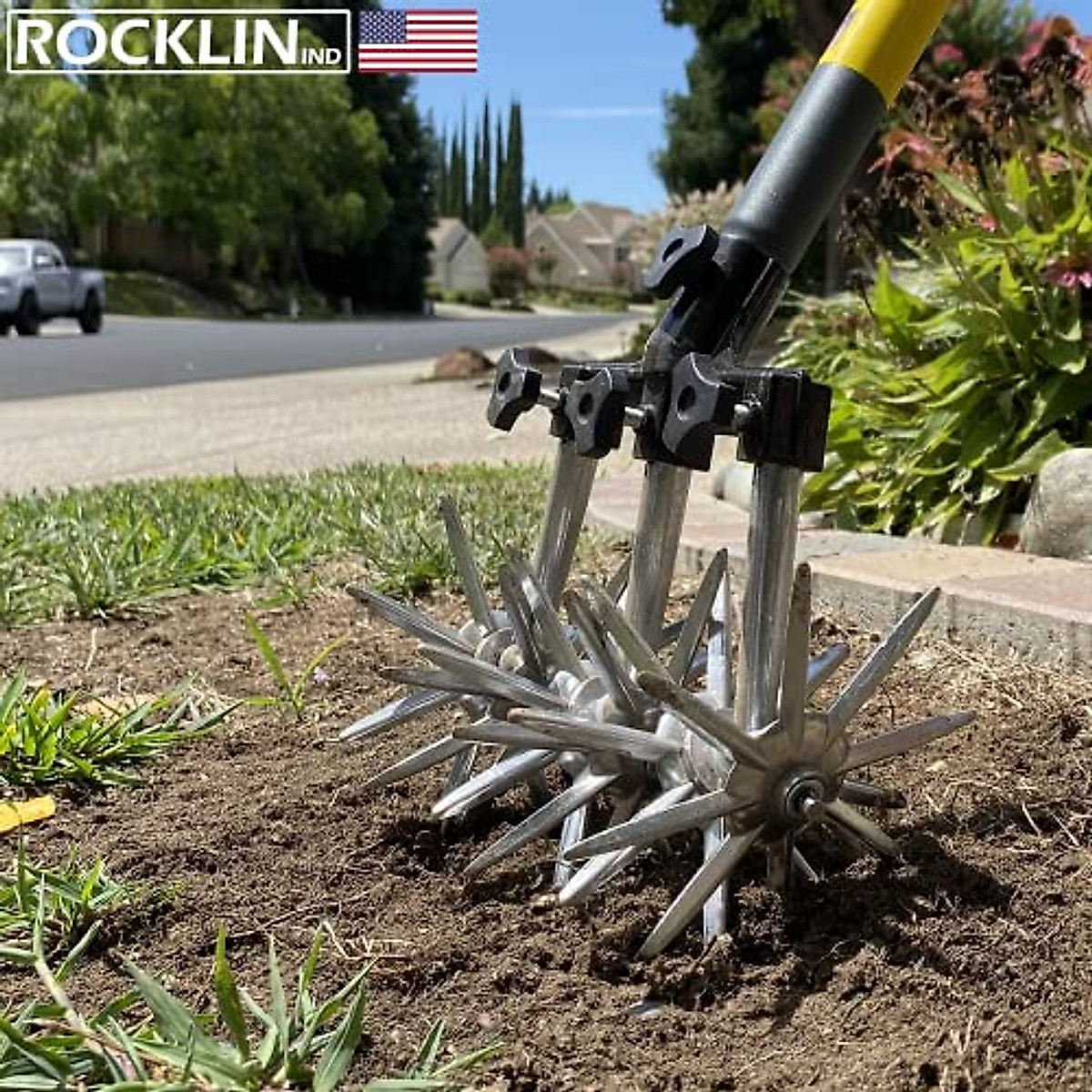 Rotary Cultivator Tool - 60” Extra Long Handle - Reinforced Tines - Reseeding Grass or Soil Mixing - All Metal, No Plastic Structural Components - Cultivate Easily