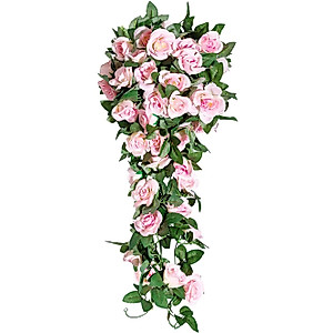 Yebazy 2PCS(16FT) Fake Rose Vine Garland Artificial Flowers Plants for Hotel Wedding Home Party Garden Craft Art Decor (Pink)…