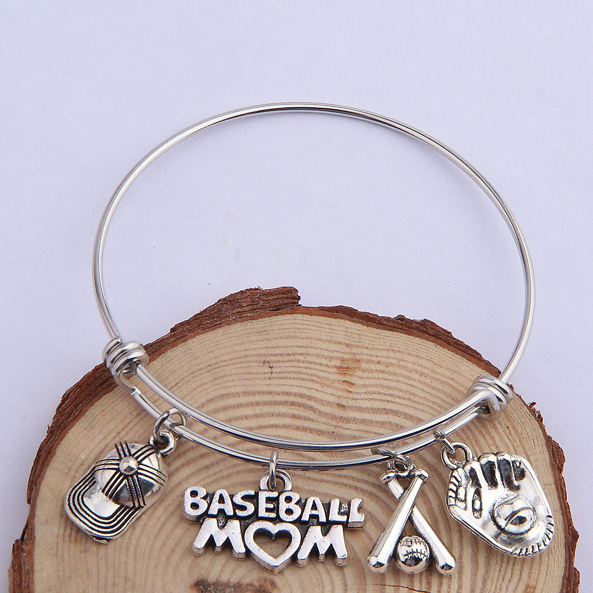 QIIER Baseball Mom Bracelet Sports Expandable Charm Bangle Baseball Jewelry for Moms Fans (silver)