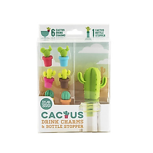 TrueZoo Cactus Wine Glass Charms and Drink Markers with Bottle Stopper - Wine Accessories - Multi Color Set of 7