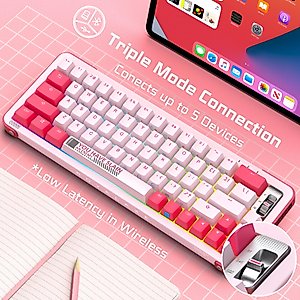 ROYALAXE Y68 TKL Wireless Mechanical Keyboard, Hot Swappable Wired/Bluetooth 5.0/2.4G Wireless Keyboard with RGB Light for Windows & Mac, PBT Keycap, Gateron G Yellow Pro Switch, Candy Pink