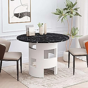 FRITHJILL 42.12" Round Dining Table with Printed Faux Marble Table Top and MDF Pedestal for Dining Room, Kitchen, Living Room, Black+ White Base