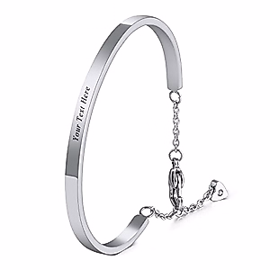 INBLUE Personalized Identification ID Bracelet Bangle for Women Men Name Engraved Adjustable Stainless Steel Cuff Water-Resistant Gift for Girlfriend Sister Bridesmaid Gifts (Silver)