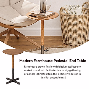 Small Pedestal End Table Modern Drink with Solid Fir Wood Top and Metal Base Light Walnut Dark Grey Brown Contemporary Round Distressed Painted Handmade