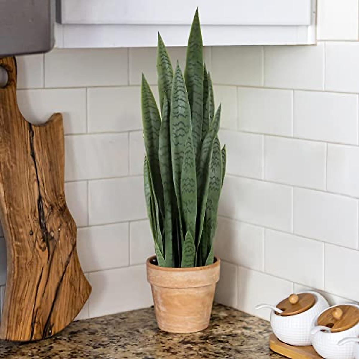Worth Garden 3ft Artificial Snake Plant Fake Sansevieria Indoor Outdoor, 28 Thick Leaves Lifelike Faux Silk Plant, Home Decor Mother in Law Tongue Plant 35in, Black Pot & 20g Dry Moss Included, Green