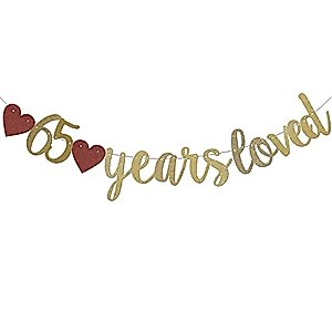 65 Years Loved Banner,65th Birthday Party Gold Glitter Decorations Anniversary Decor Pre-Assembled Bunting Photo Booth Props QWLQIAO