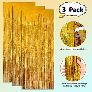 Merear Backdrop for Party Decorations, 3 Pack Gold Foil Fringe Curtains Party Decor 8.2 * 3.3 FT Tinsel Streamers Birthday Party Decorations Photo Fringe Backdrop for Party, Graduation