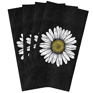 Vintage Daisy Floral Microfiber Kitchen Towels with Hanging Loop, Super Absorbent&Machine Washable Dish Towels Hand Towels for Home Kitchen Bars, 18 x 28 Inches, Flowers Farmhouse Black White