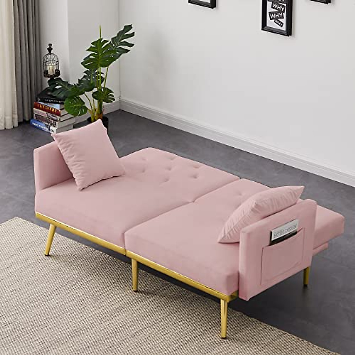 Antetek Convertible Futon Sofa Bed, 59-inch Modern Velvet Sleeper Sofa Small Loveseat with Two Pillows, 3 Adjustable Positions and 6 Golden Metal Legs Furniture for Living Room and Bedroom, Pink