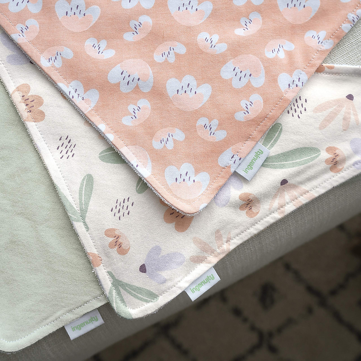 Ingenuity Easy Eater 4-Pack Absorbent Terry-Backed Cotton Baby Bib Set for Eating or Teething - Grazy