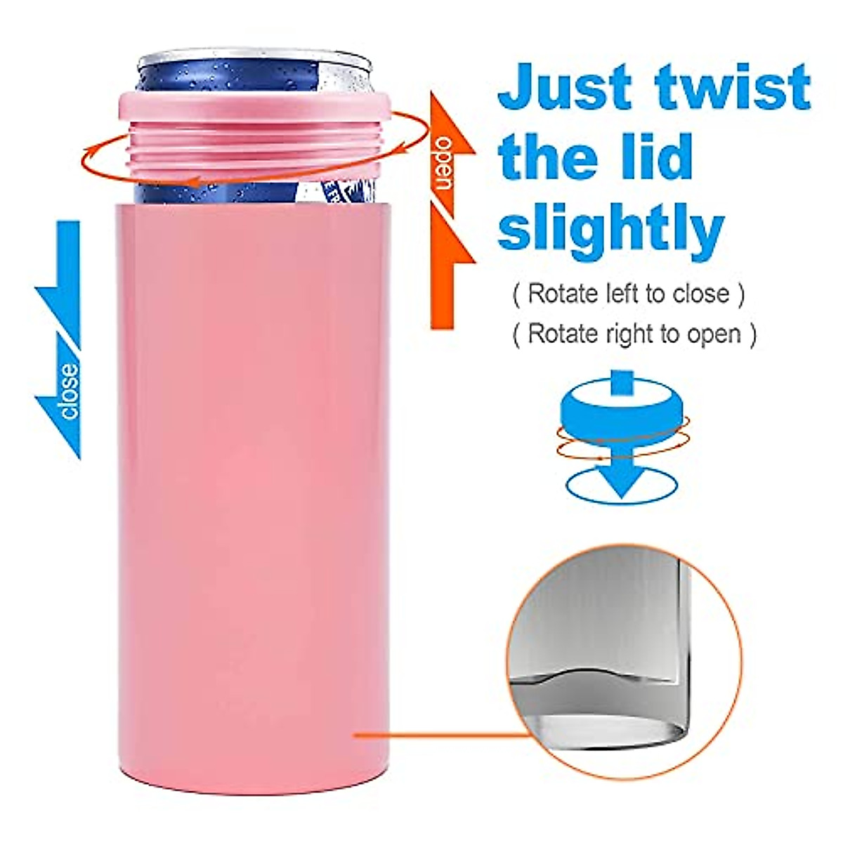 WinCheer 12 Oz Can Cooler with Reusable Straw, Double-walled Vacuum Stainless Steel Slim Can Holder for Beer Soda Beverage Energy Drinks Skinny Cans Sleeve (Pink)