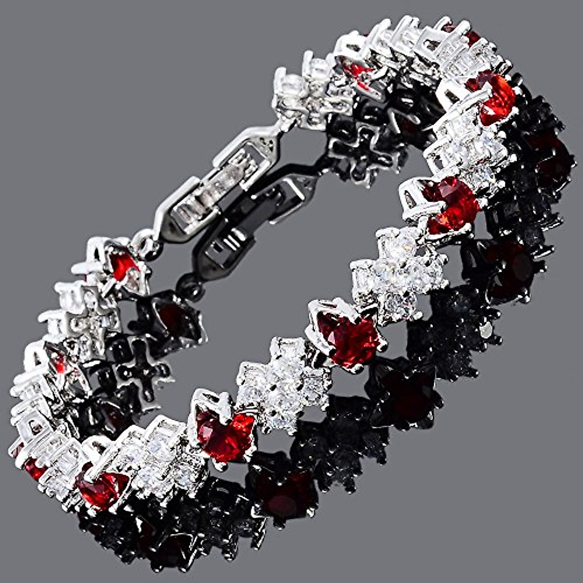 RIZILIA BLOSSOM Tennis Bracelet & Round Cut CZ [Simulated Red Ruby] in White Gold Plated, 7"