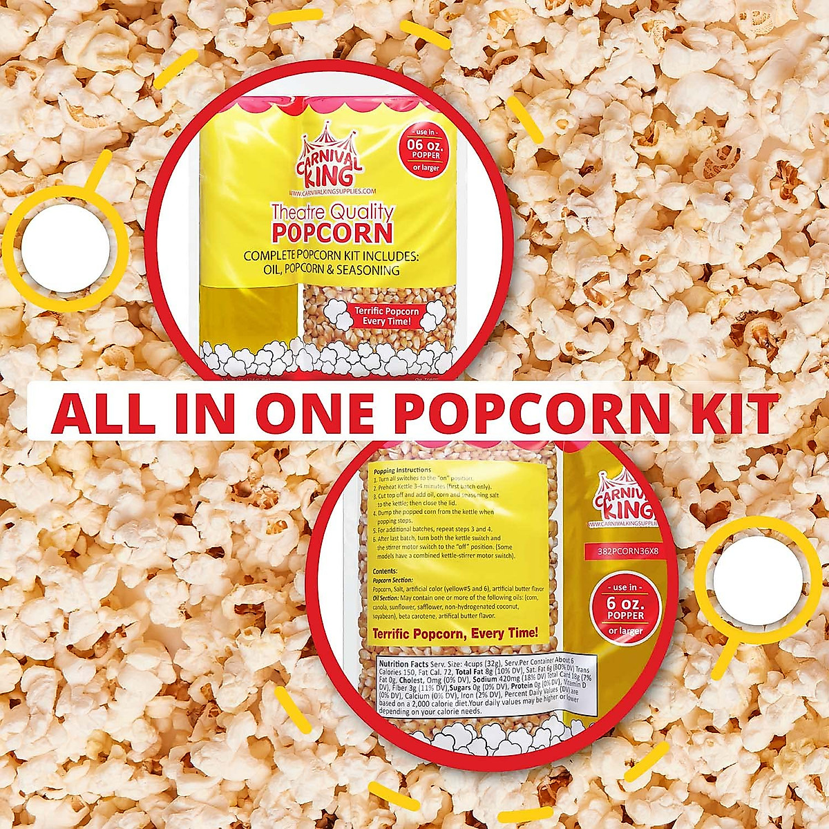 Popcorn Machine Supplies Set, 5 Bags Of Popcorn Kernels Kit (Large Butterfly Kernels, Salt Seasoning, and Popcorn Oil), 100 Popcorn Bags (1 oz. Paper), 1 Popcorn Scoop, 1 Popcorn Season Salt Shaker