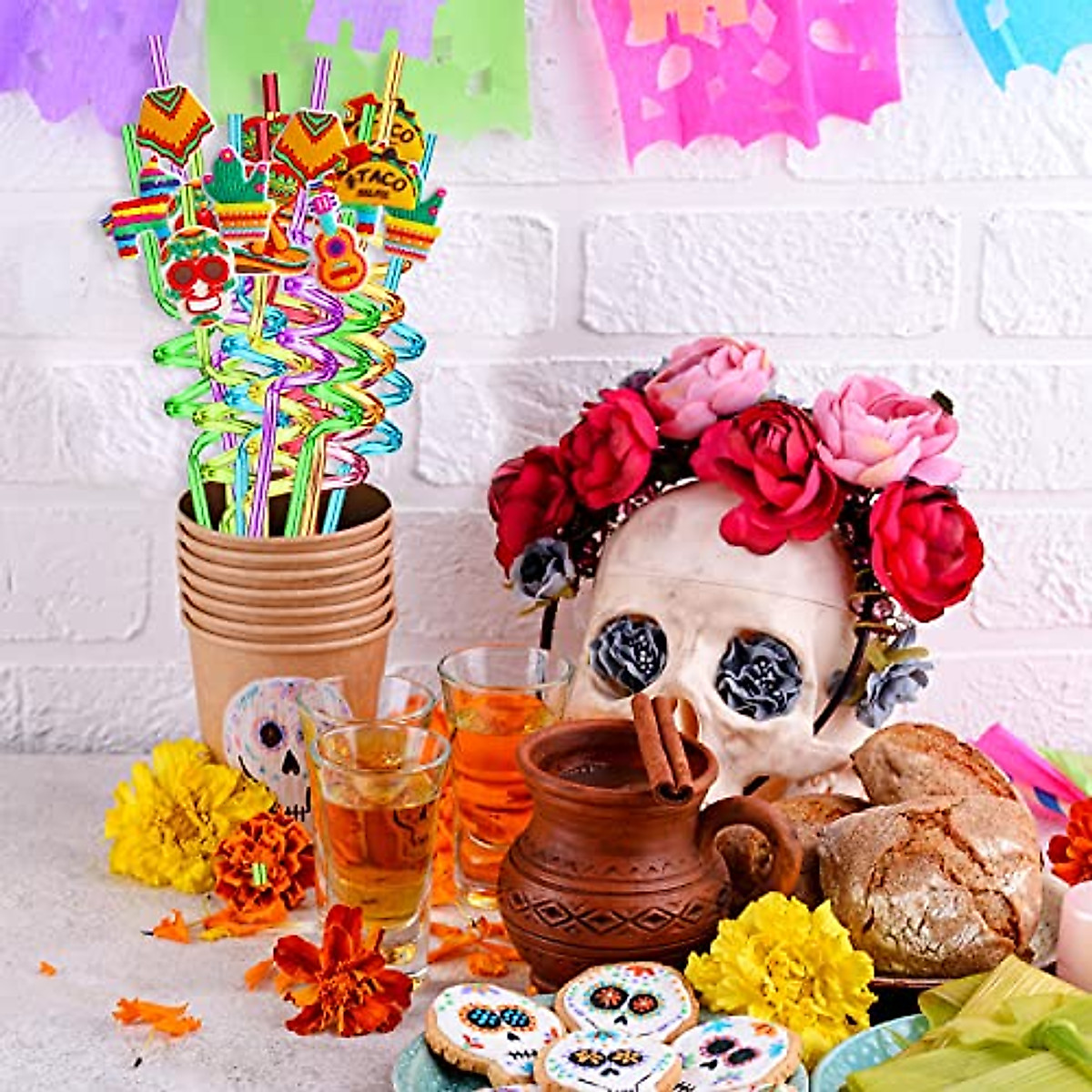 24 Mexican Fiesta Party Favors, Drinking Straws for Mexican Party Favors, Cinco De Mayo Party Favors for Kids, Taco Party Supplies with 2 Cleaning Brush