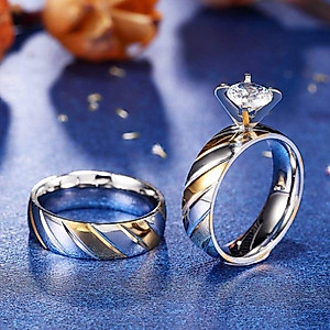 SEniutarm Engagement Love Rings Wedding Bands 1 Pair Cubic Zirconia Stainless Steel Matching Couple Ring Jewelry Wedding Gift for Women/Girl Finger Rings DIY Jewelry Gifts - US 7