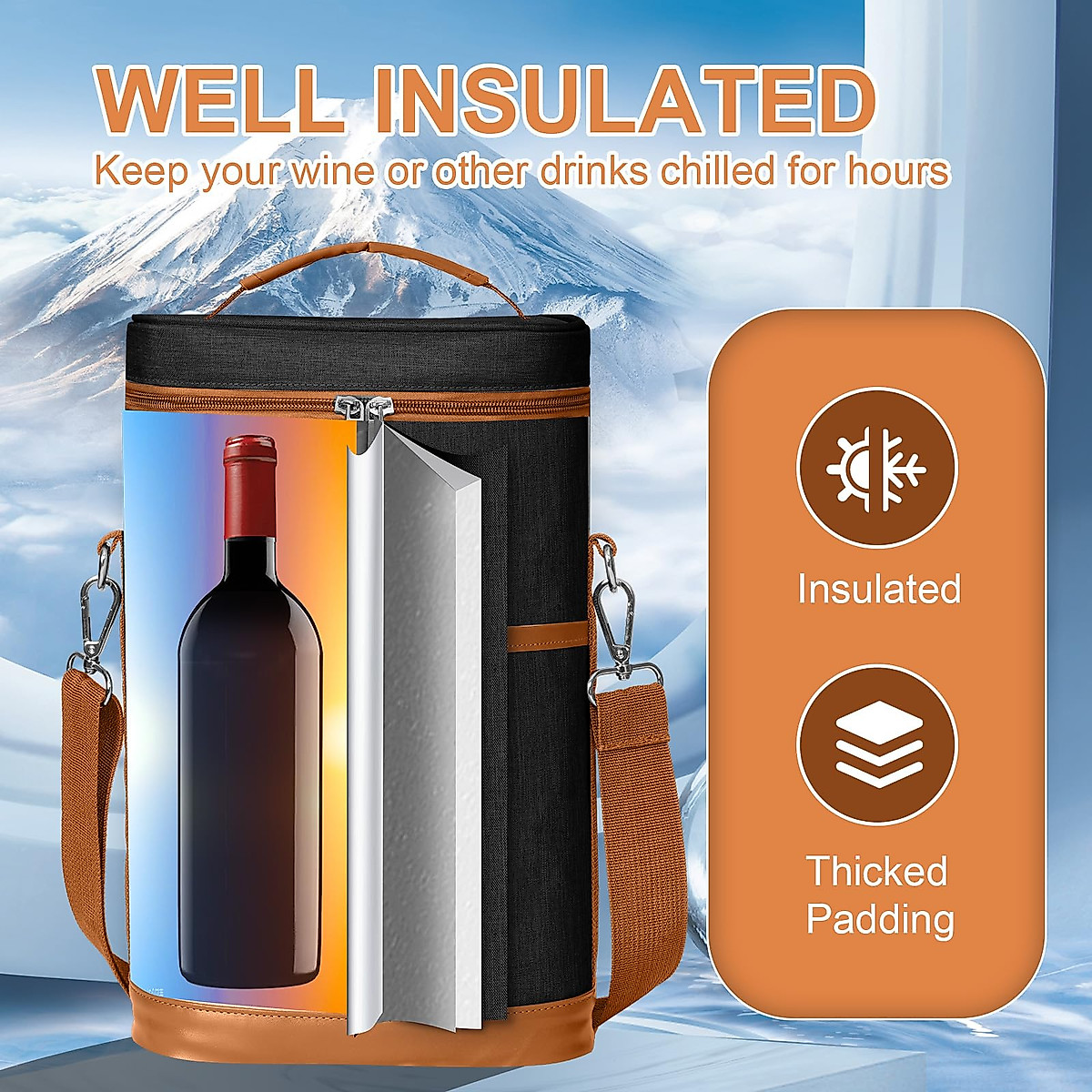 FOCHIER F 2 Bottle Wine Gift Bag, Insulated Wine Bottle Carrier Tote bag, Wine Cooler Bag for Travel, Picnic, Party, Dinner, Great Christmas Day Gift, Black